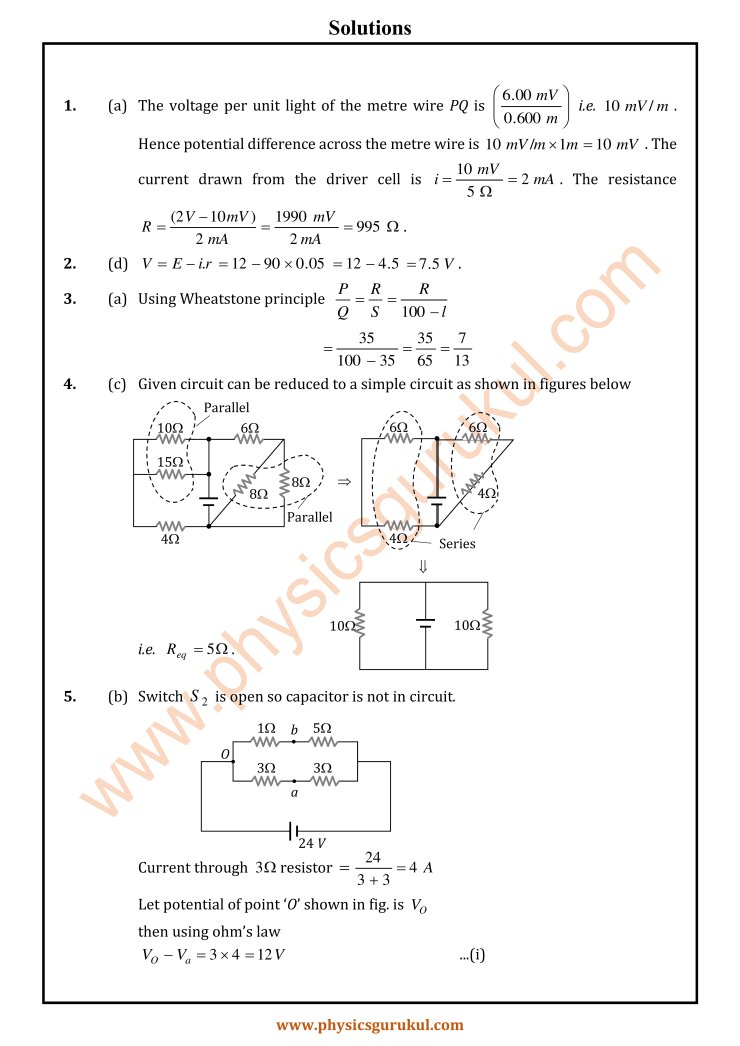 Neet Current Electricity Important Questions Gurukul Of Excellence